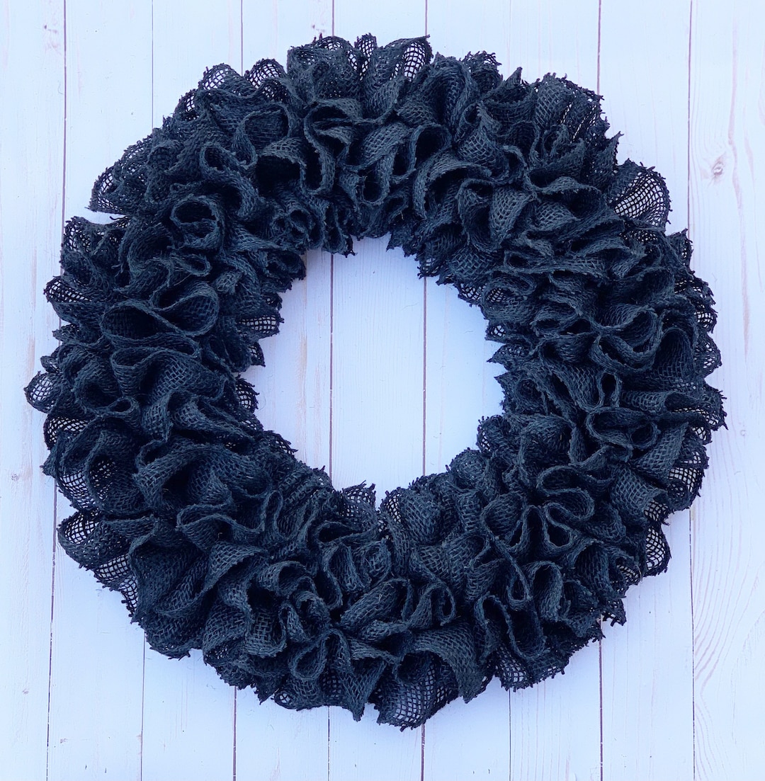 Black Wreath for Front Door Year Round, Plain Black, Farmhouse Burlap ...