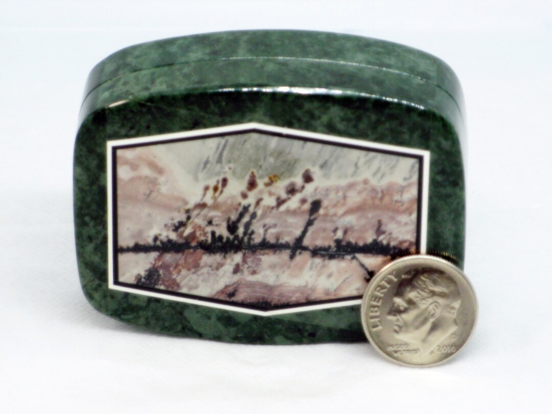 Green Jade Intarsia Box: Dendritic Jasper Landscape, Natural Gemstone ...