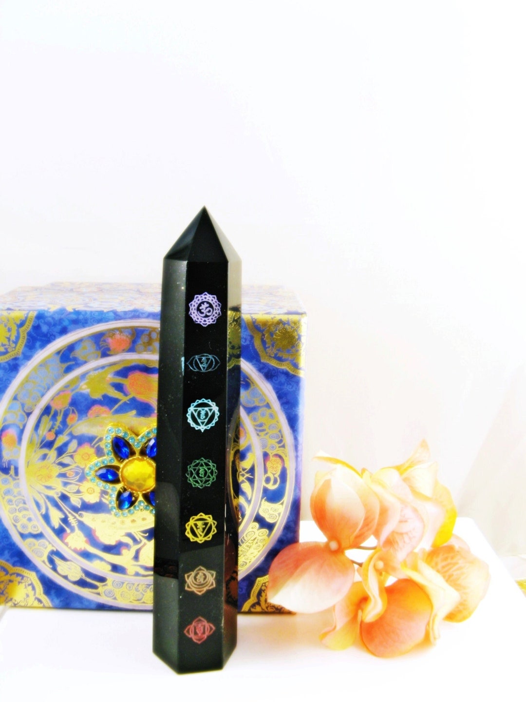 Black Obsidian Tower Crystal With the 7 Chakra Mandalas Engraved Stands ...