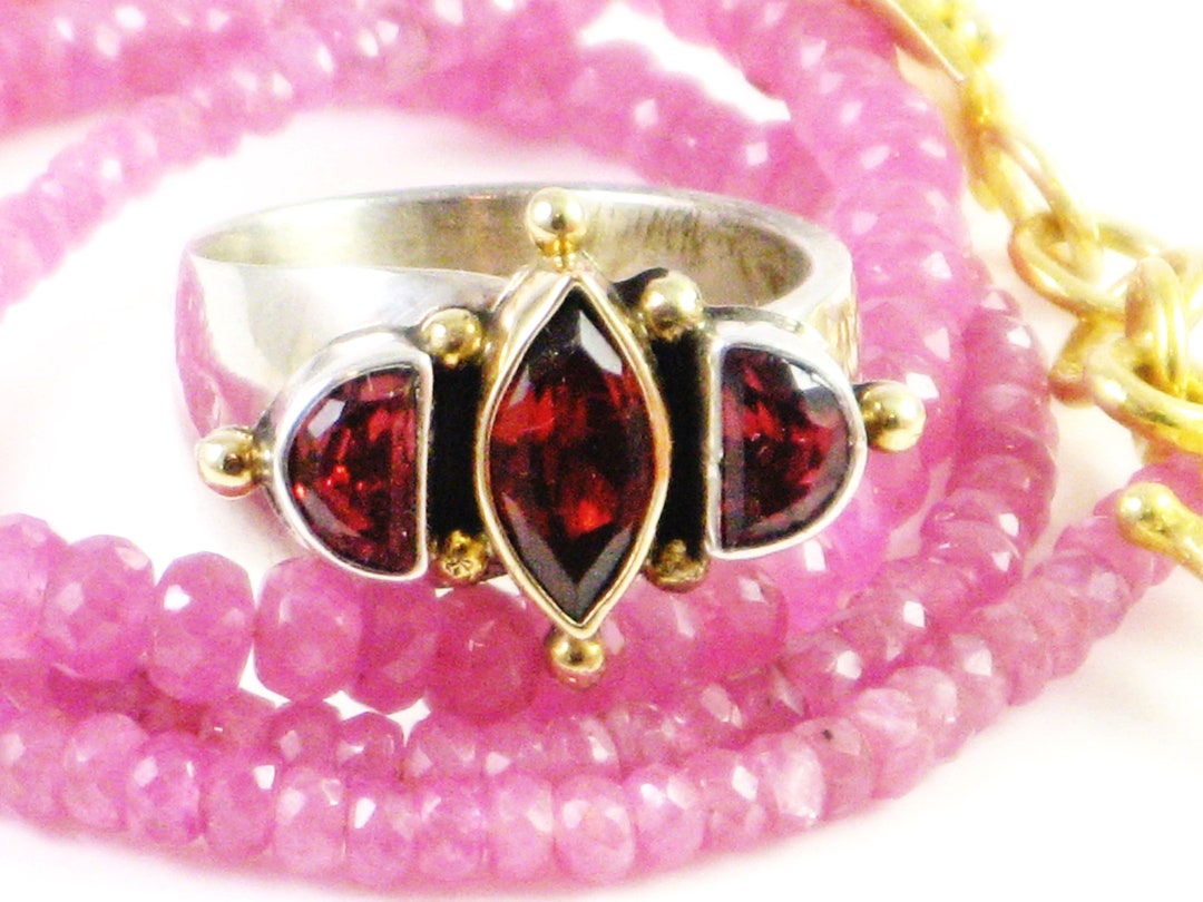 Red Garnet Ring, 14K Gold Ring, Garnet Sterling Ring, 3 Garnet Ring ...