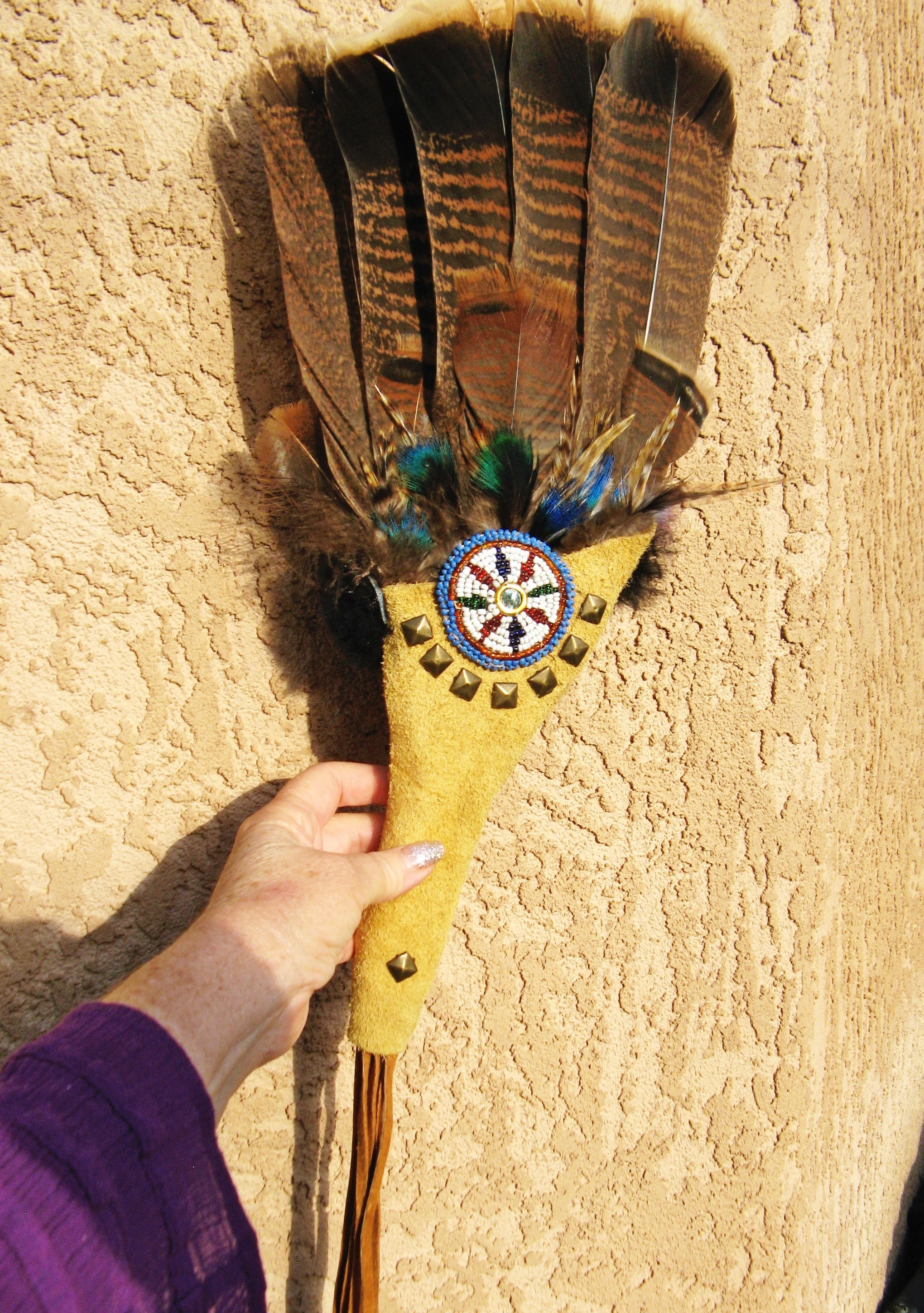 Prayer Feather Fan: Turkey Feathers, Suede Leather, Tribal Beadwork - Etsy