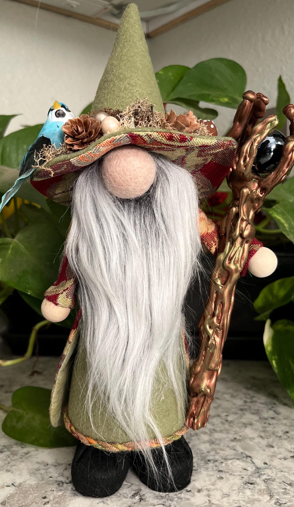 Woodland Wizard Gnome: Sage With Bird and Staff Handmade to Order - Etsy