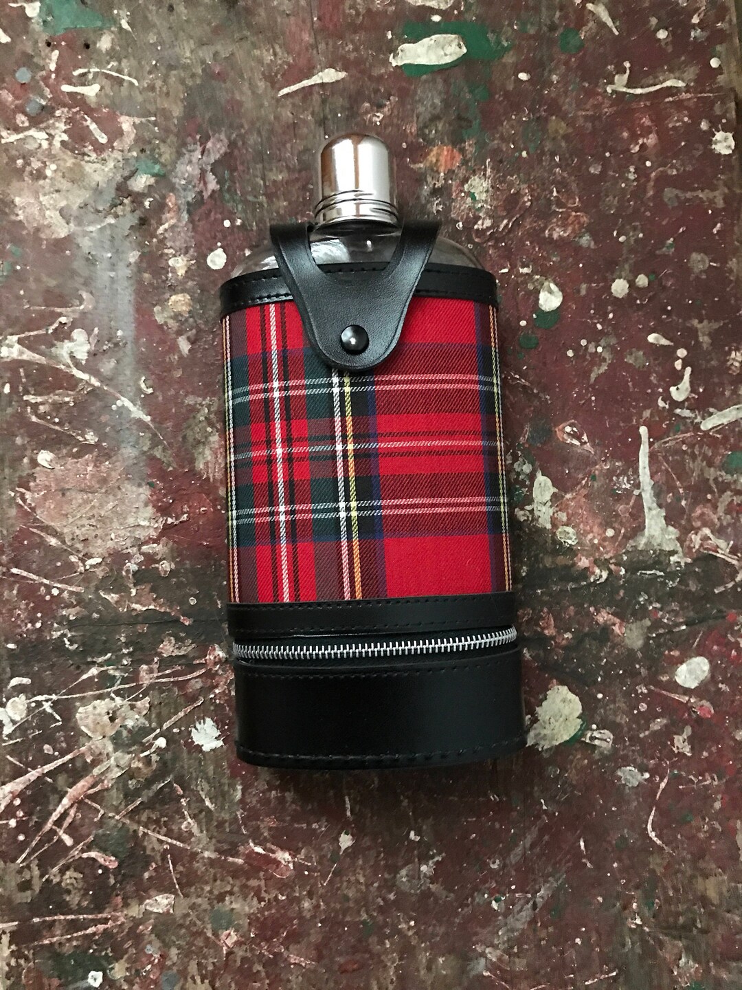 Vintage Flask Mid Century Leather Flask Bag Red Tartan Plaid Leather ...