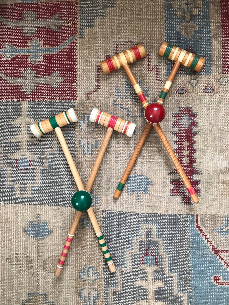 Vintage Folk Art Hooks Hangers Croquet Mallets Wicket Wood Ball Game ...