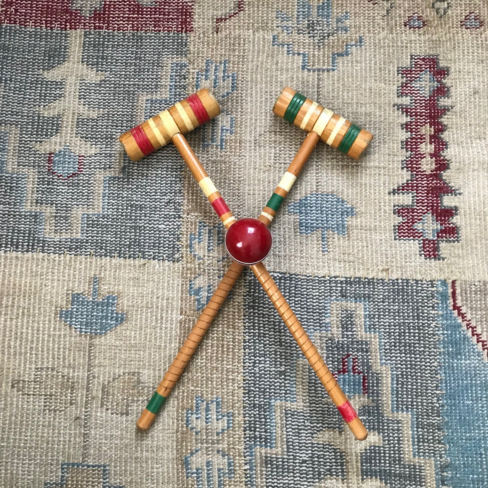 Vintage Folk Art Hooks Hangers Croquet Mallets Wicket Wood Ball Game ...