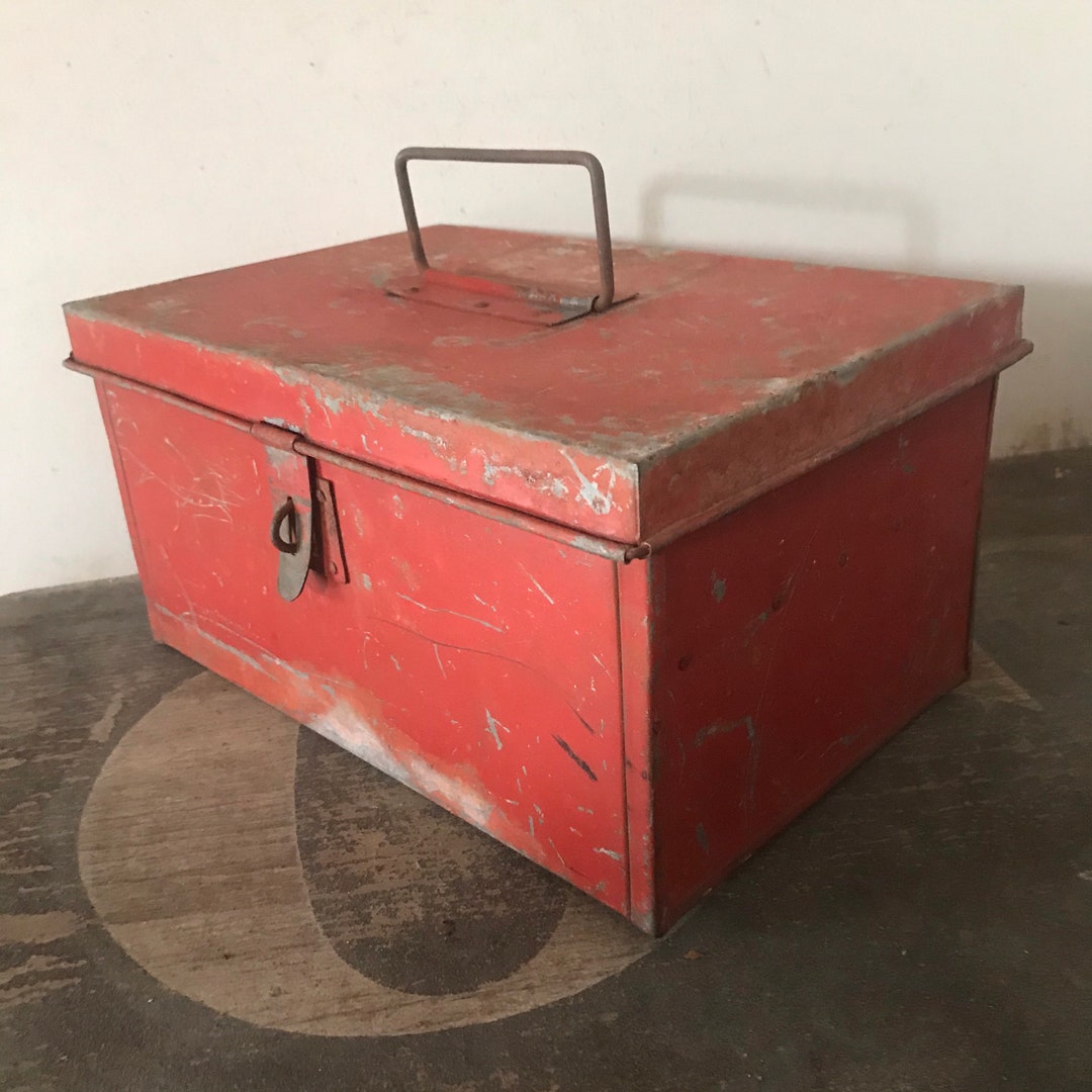 Antique Zinc Box Industrial Box Tool Box Primitive Box Painted Box Red ...