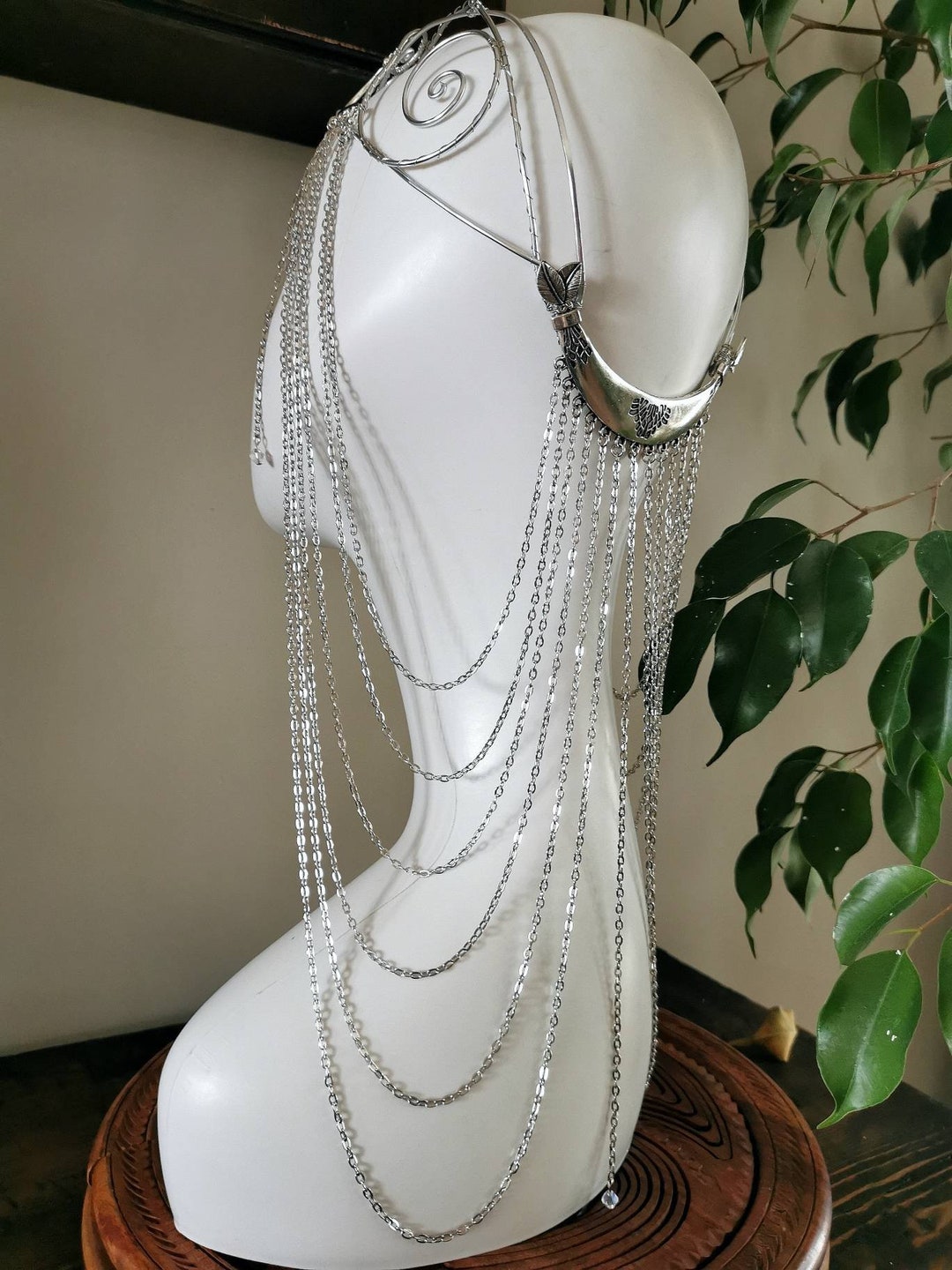 Elven Tiara: Silver Tone Crown Headpiece With Crystal Beads and Chains ...