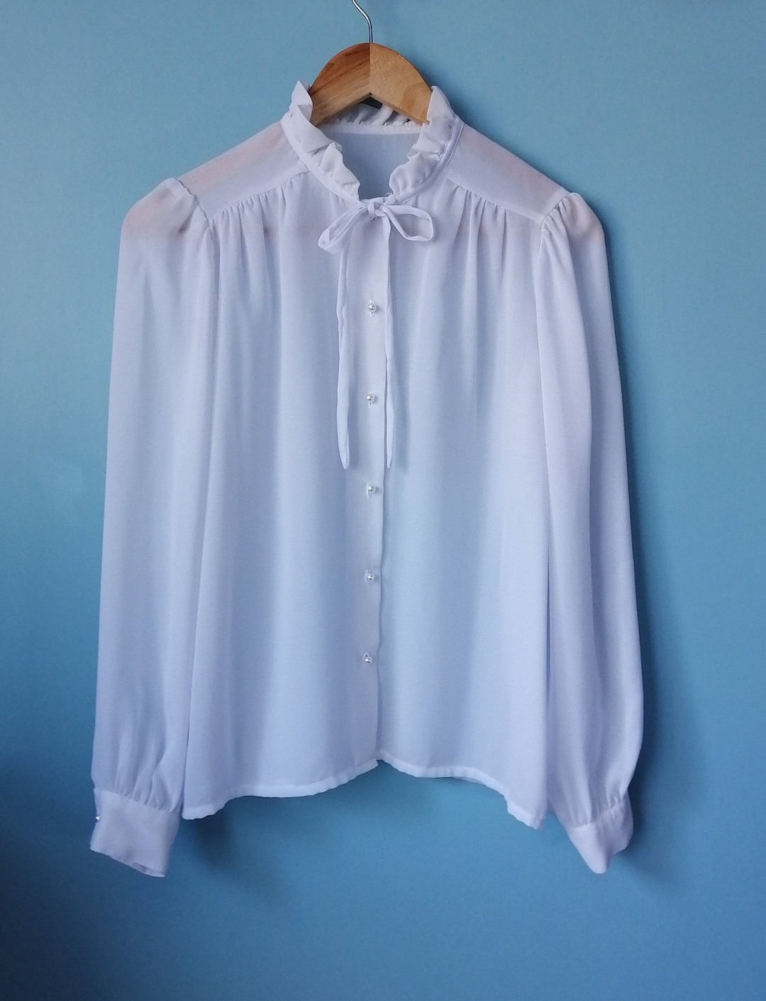 VINTAGE. White Ruffle Neck Blouse With Tie. Size 12/14. Homemade. - Etsy