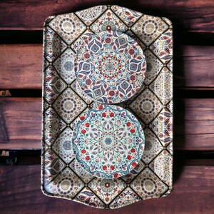 Metal Turkish Tray Coasters Set, Colorful Decorative Serving Tray and 6 ...