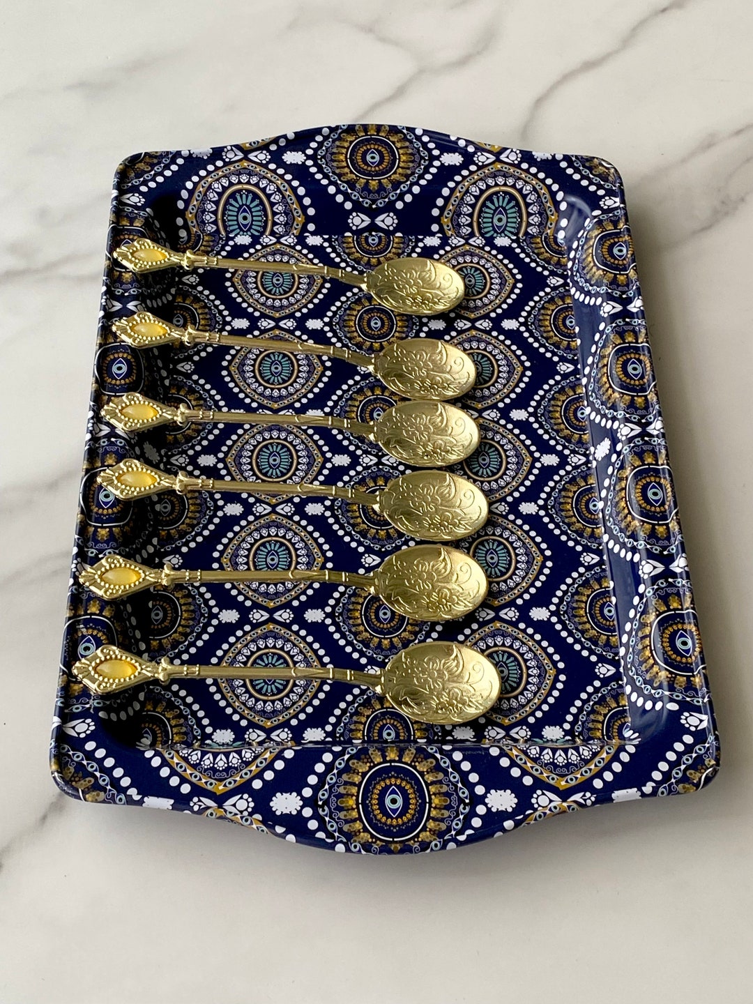 Turkish Set Metal Tray & 6 Gold Mini Spoons Perfect for - Etsy