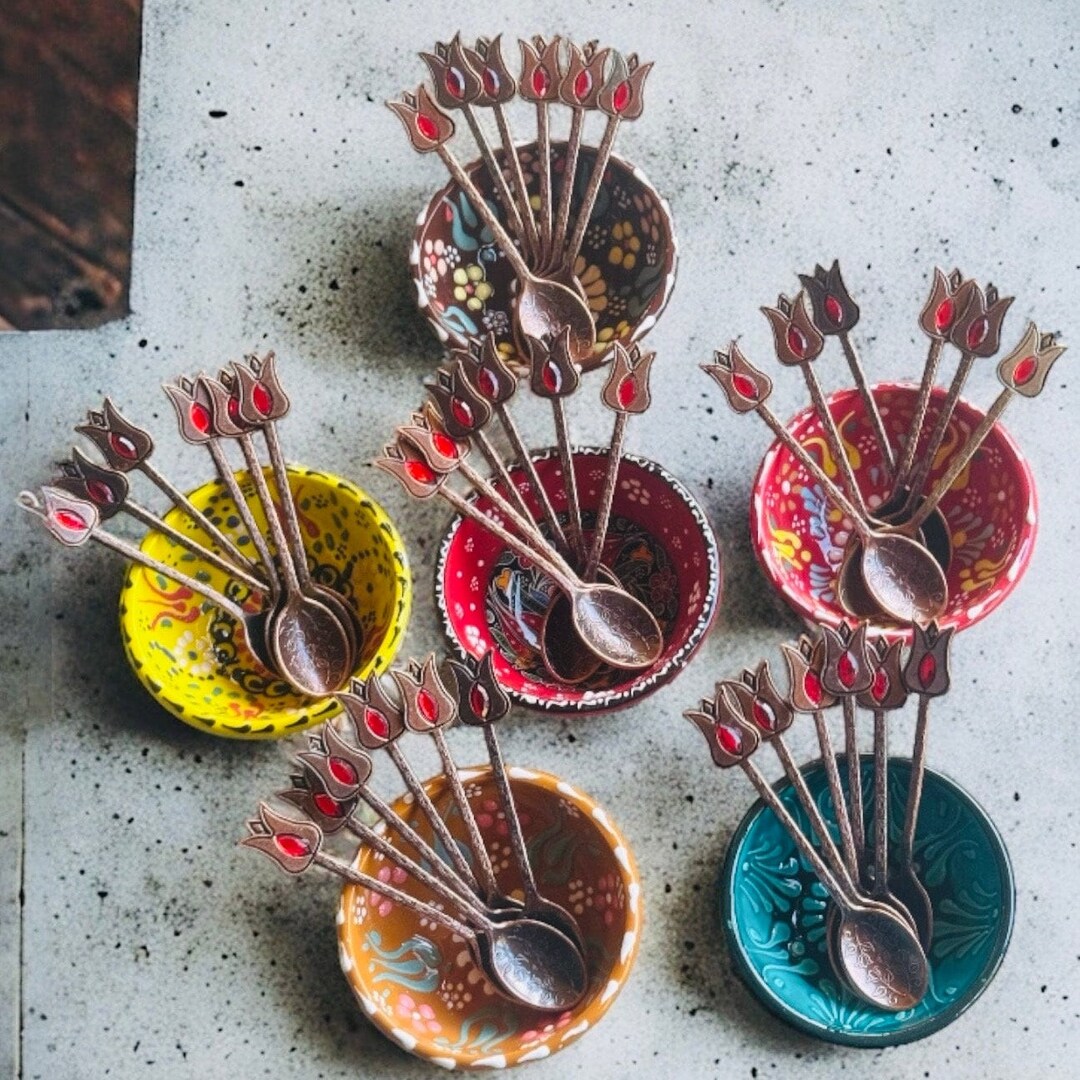 Decorative Bowl and Spoons Turkish Set, Tulip Spoons and Small Ceramic ...