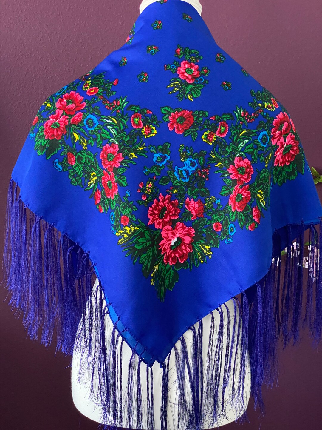 Blue Floral Scarf, Traditional Turkish Large Scarf With Fringe ...