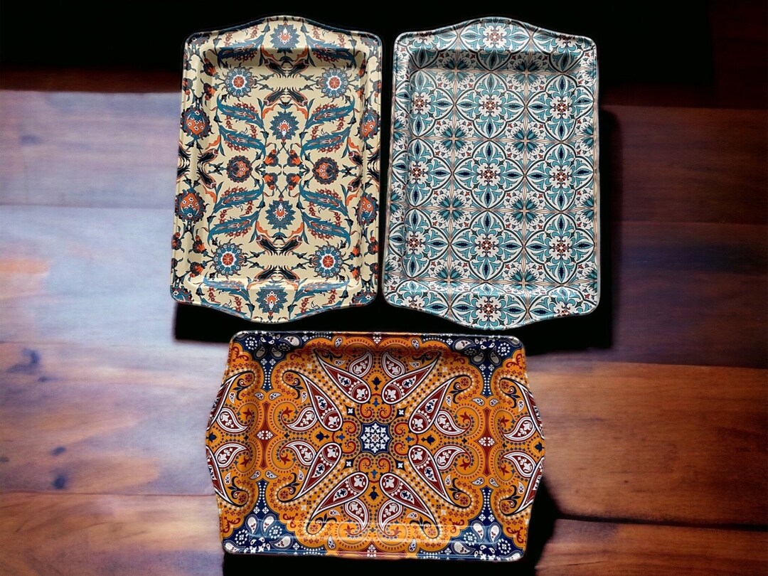 Set of 3 Turkish Metal Trays, Mediterranean, Moroccan Persian Coffee ...