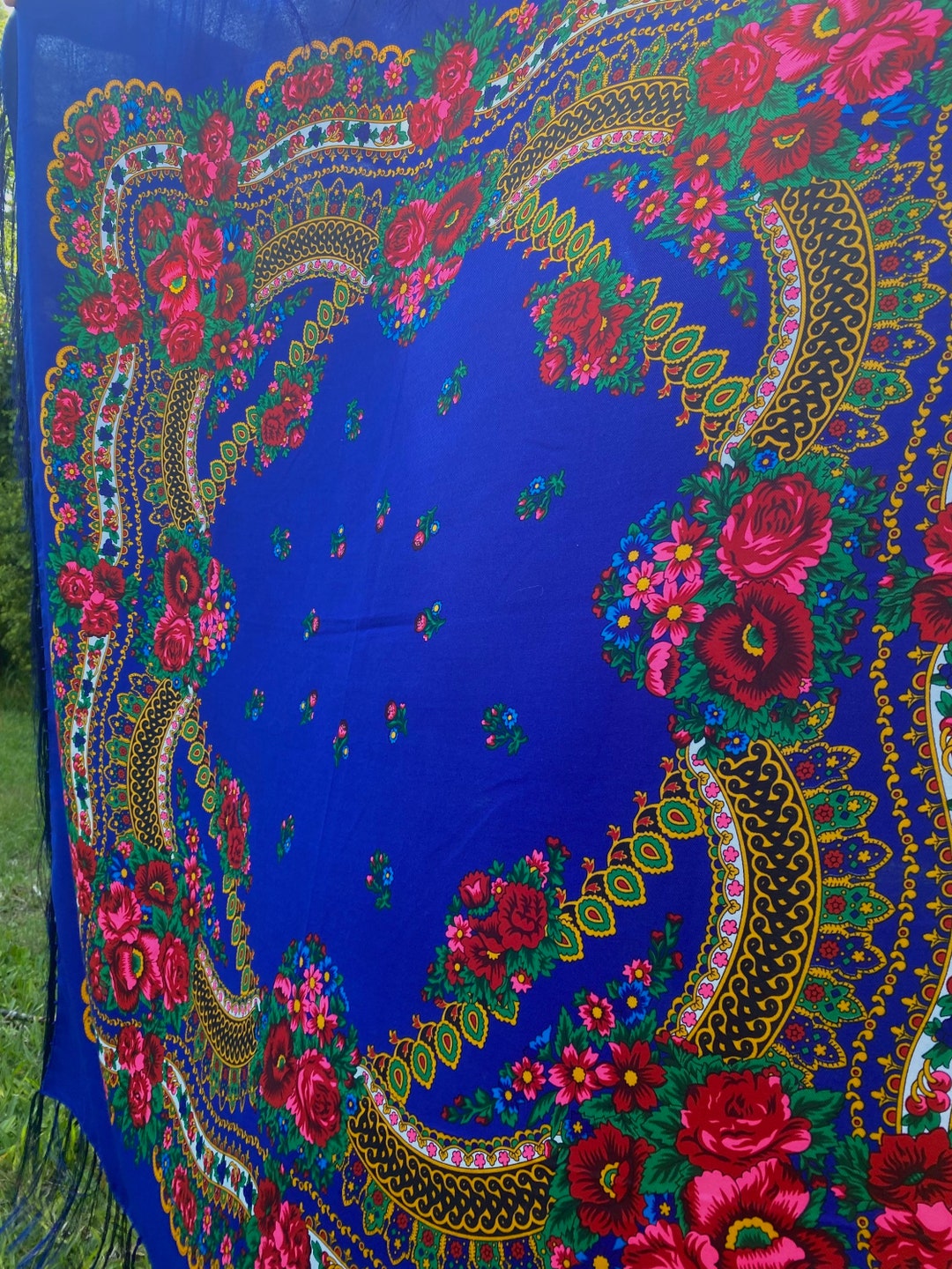 Large Blue Scarf, Traditional Turkish Floral Shawl With Tassel, Gift ...