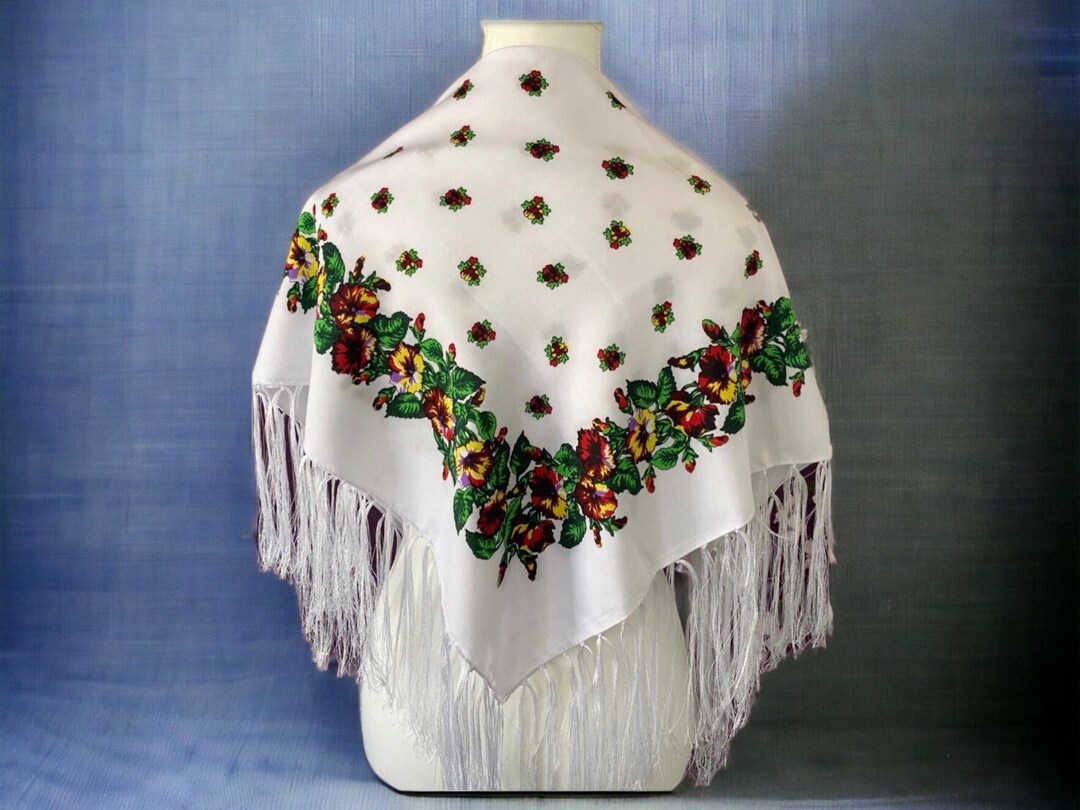 Fringe White Scarf, Traditional Turkish Shawl With Tassels, Floral Head ...