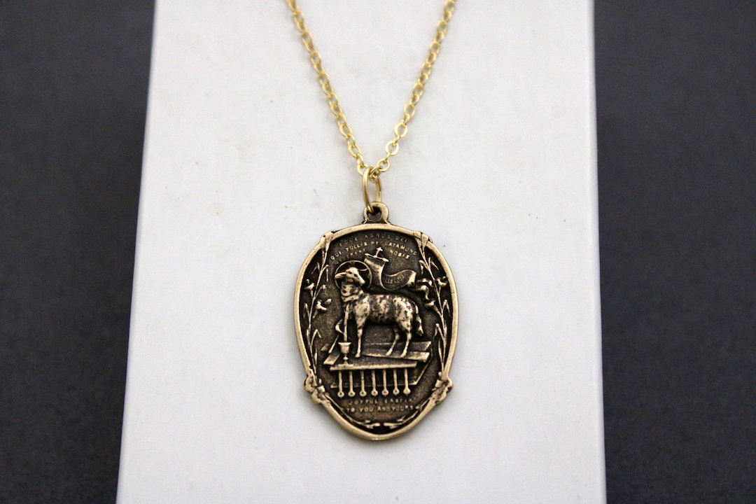 Agnus Dei Easter Medal Necklace, 14k Gold Plated Chain Necklace ...