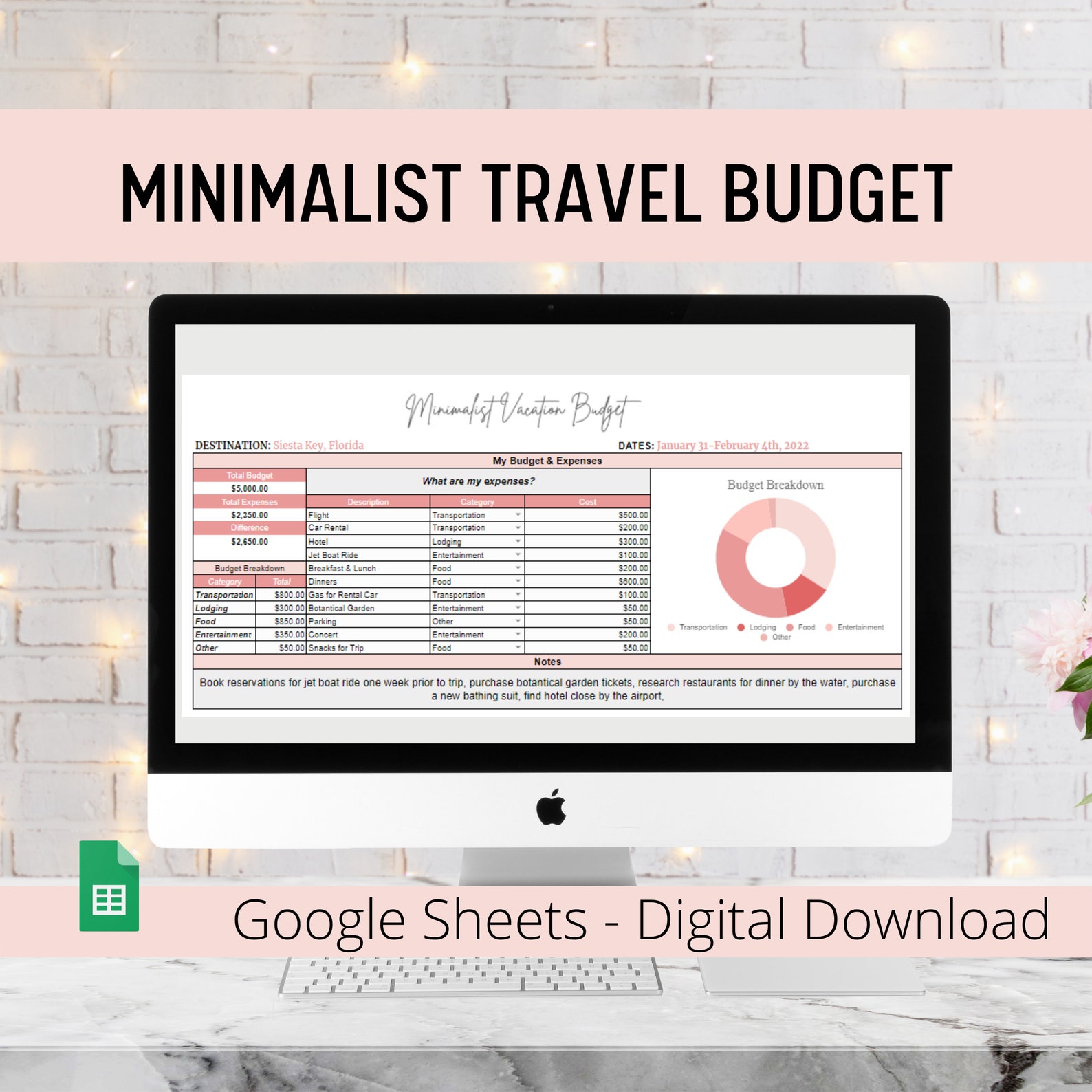 Vacation Budget Digital Travel Budget Vacation Google Spreadsheet ...