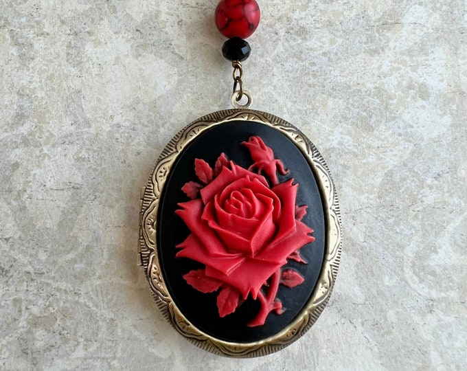 Red Black Rose Victorian Locket Necklace Flower Cameo Vintage Style ...