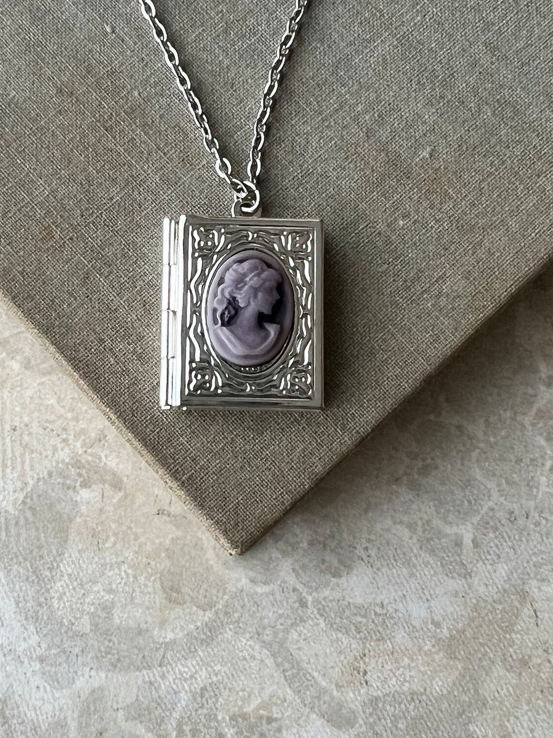 Lady Cameo Locket Necklace, Book Locket With Cameo, Silver Cameo Locket ...