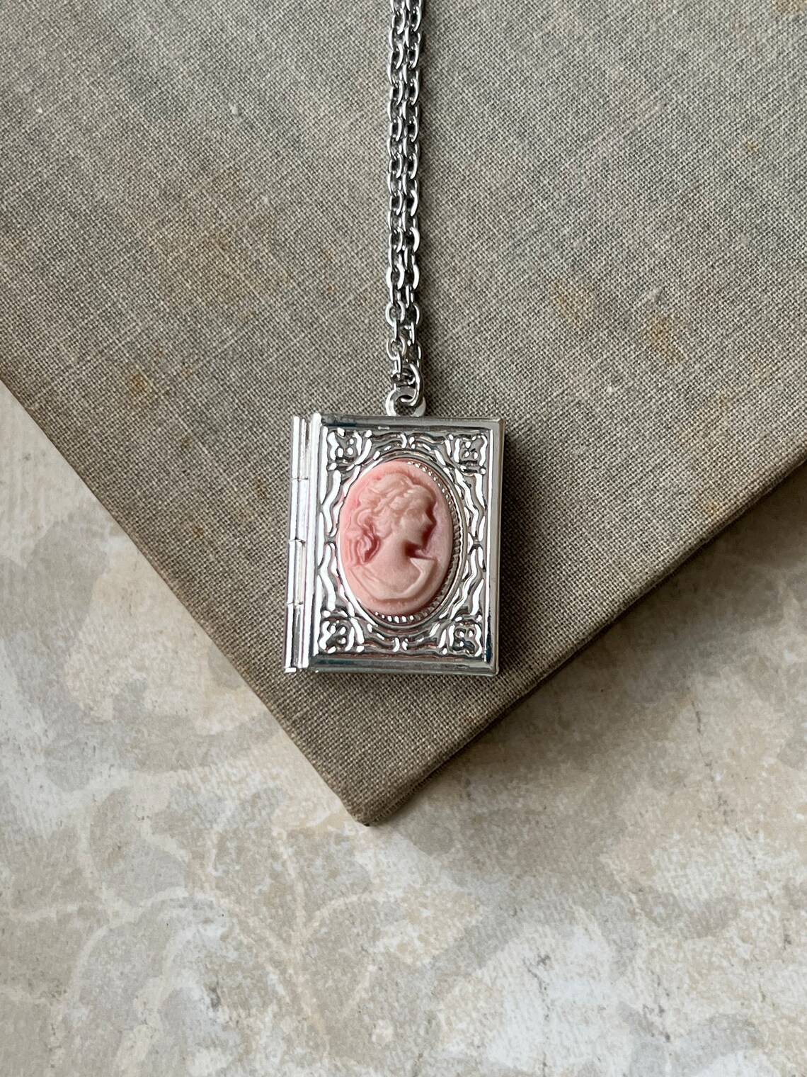 Lady Cameo Locket Necklace, Book Locket With Cameo, Silver Cameo Locket ...