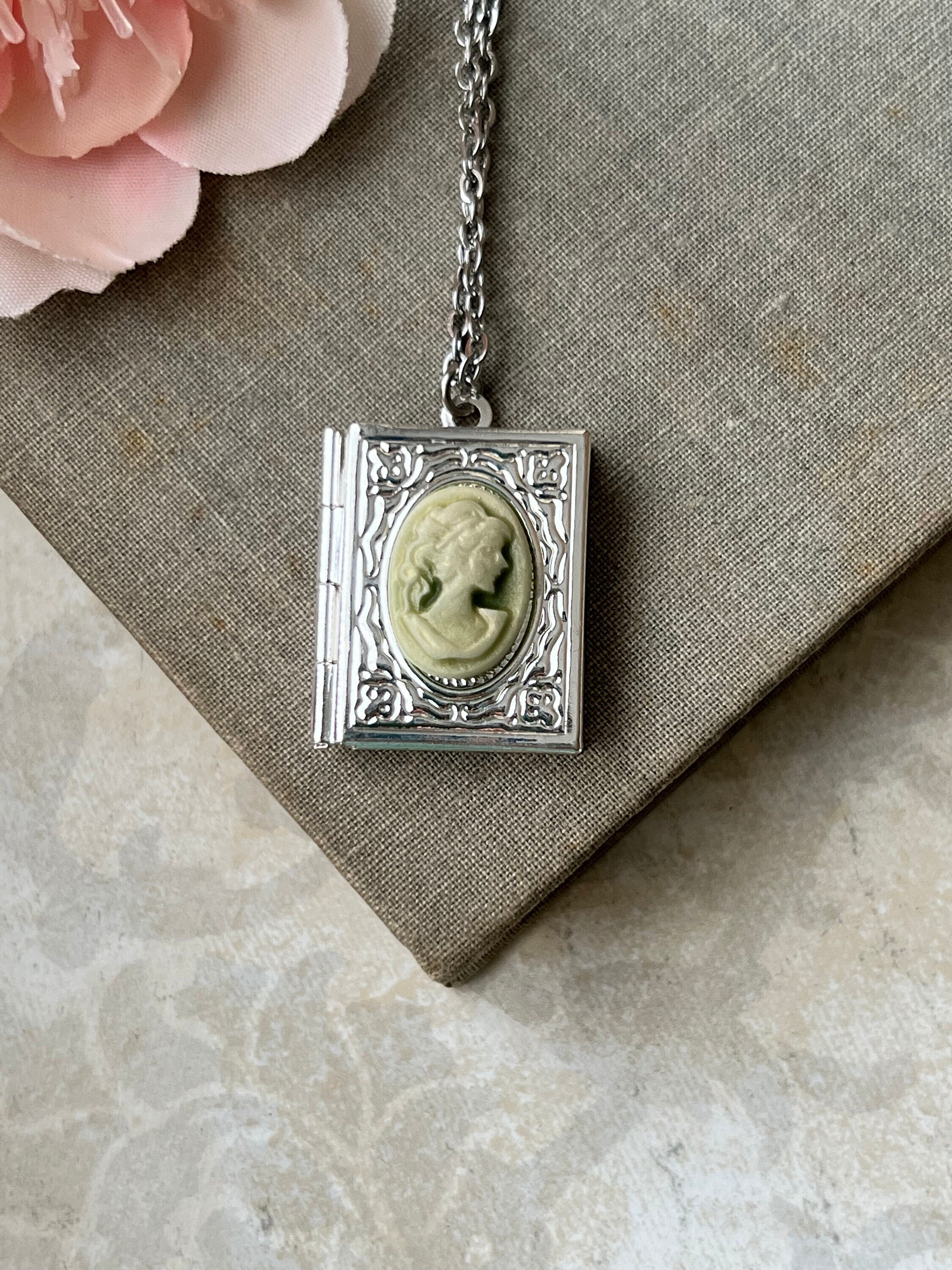 Lady Cameo Locket Necklace, Book Locket With Cameo, Silver Cameo Locket ...