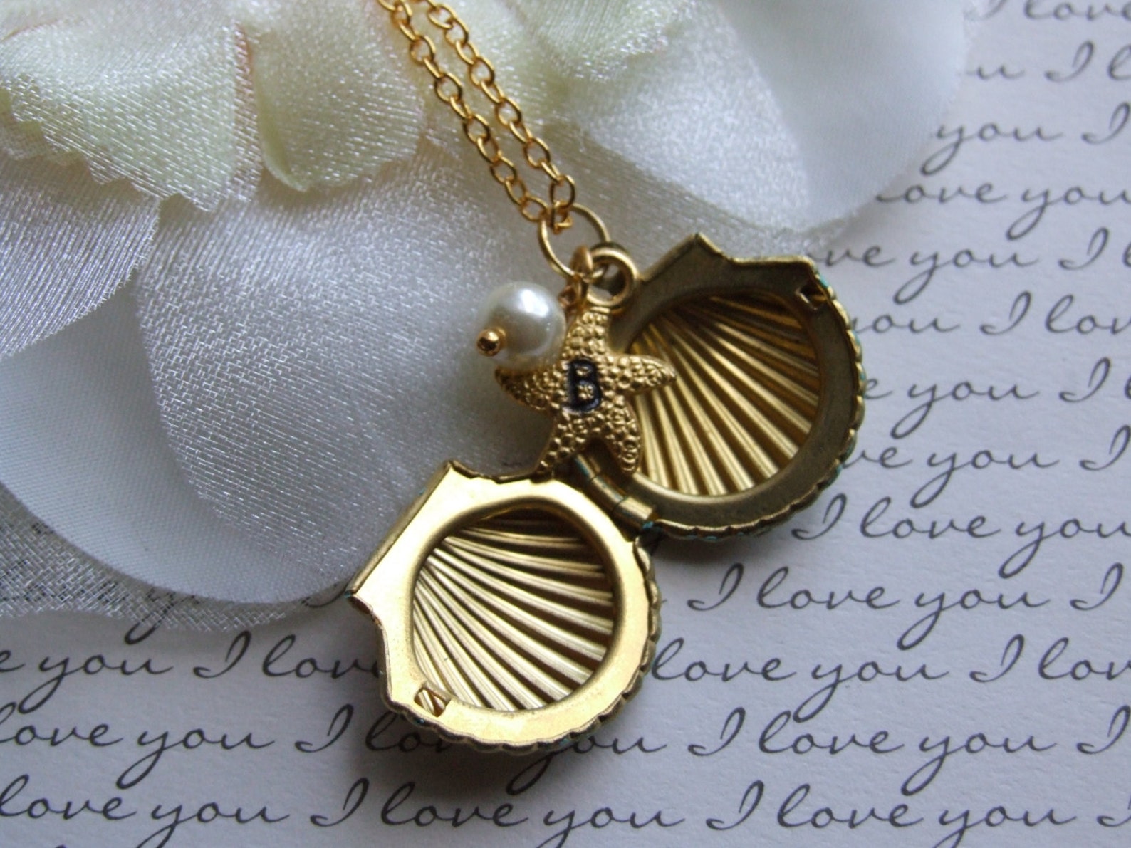 Seashell Locket Personalized Star Fish Cream Pearl Initial | Etsy