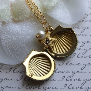 Seashell Locket, Personalized Star Fish, Cream Pearl, Initial Necklace, Nautical Jewelry, Hand ...