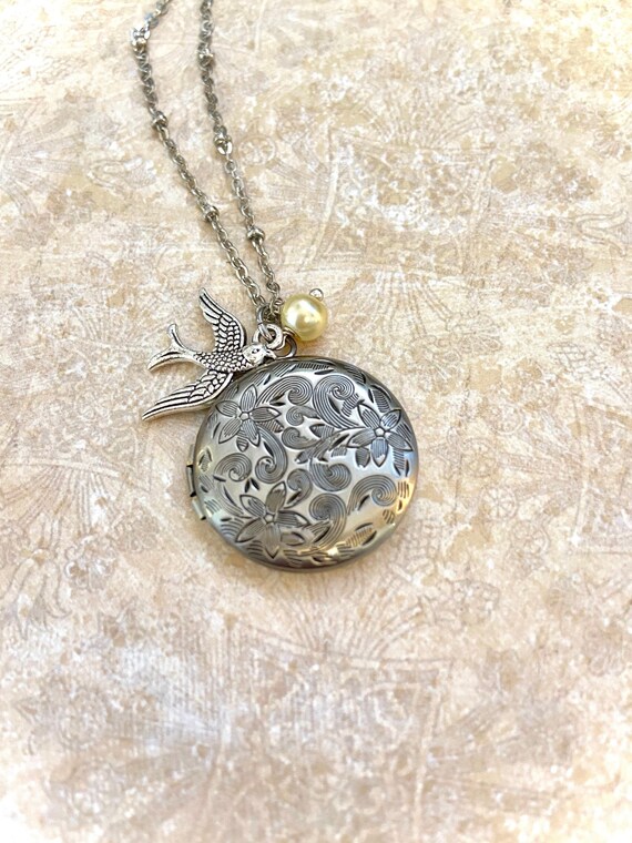 Silver Bird Locket Necklace Picture Locket Necklace Photo | Etsy