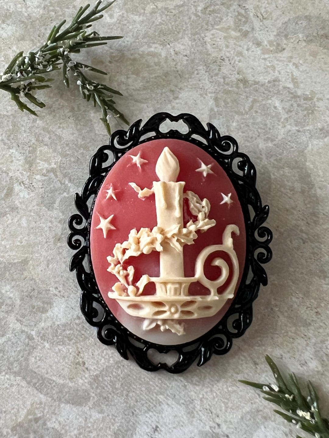 Choose Antique Gold, Black, Christmas Candle Cameo, Holiday Brooch ...