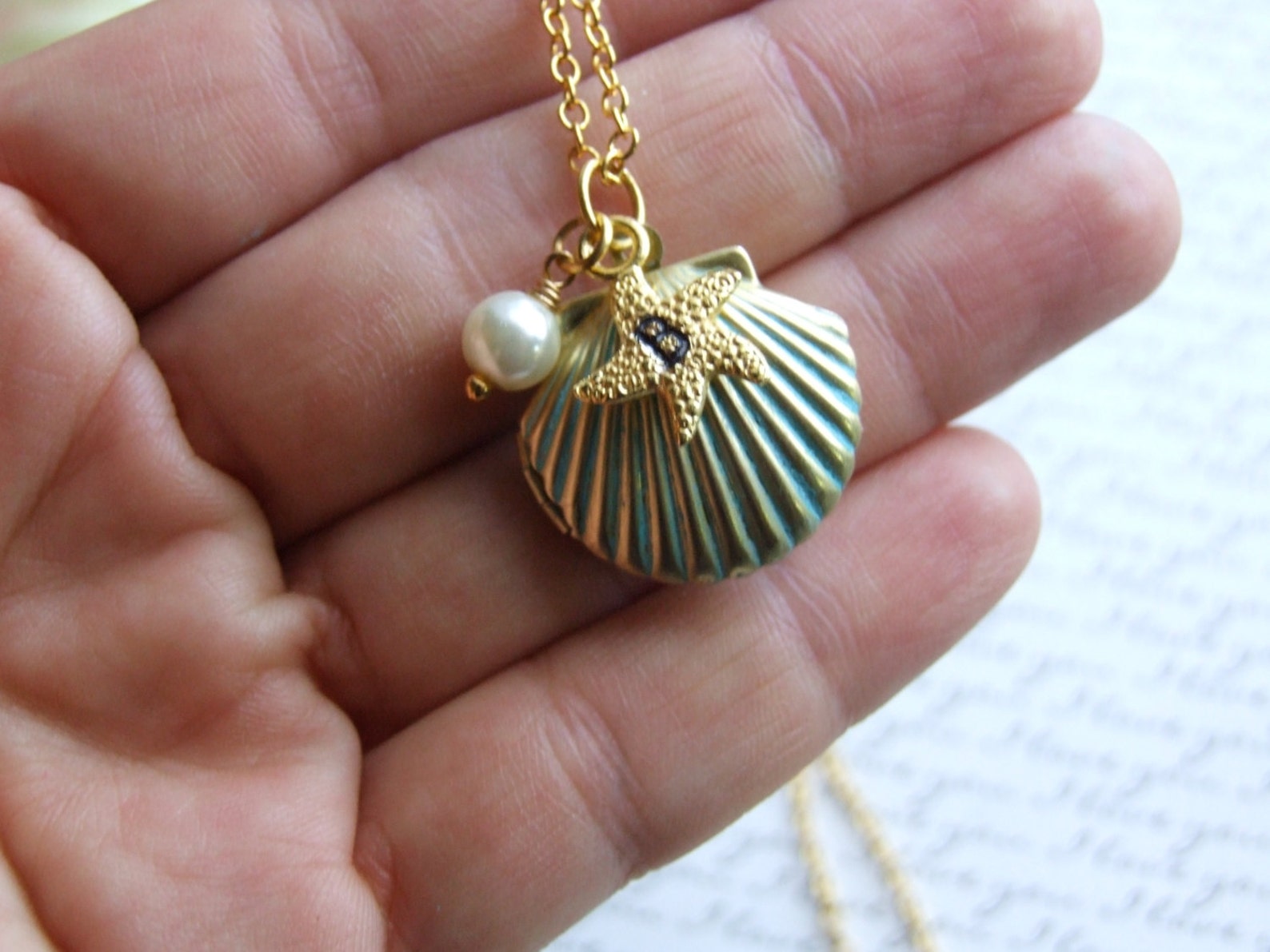 Seashell Locket Personalized Star Fish Cream Pearl Initial | Etsy