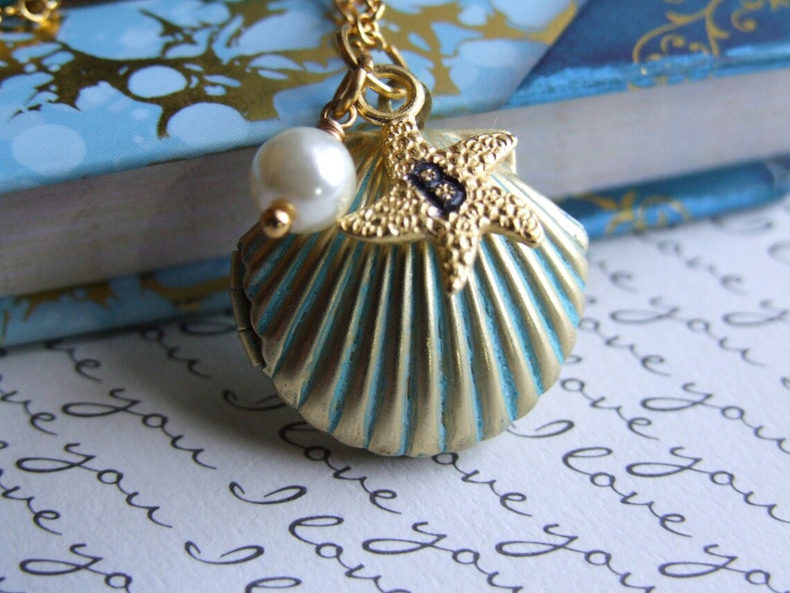 Seashell Locket Personalized Star Fish Cream Pearl Initial | Etsy