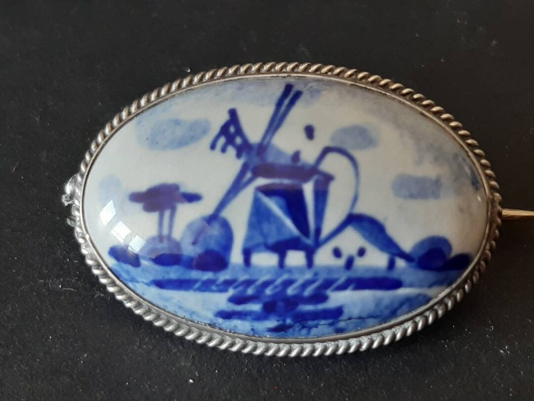 Vintage Silver Small Delft Oval Brooch - Etsy UK