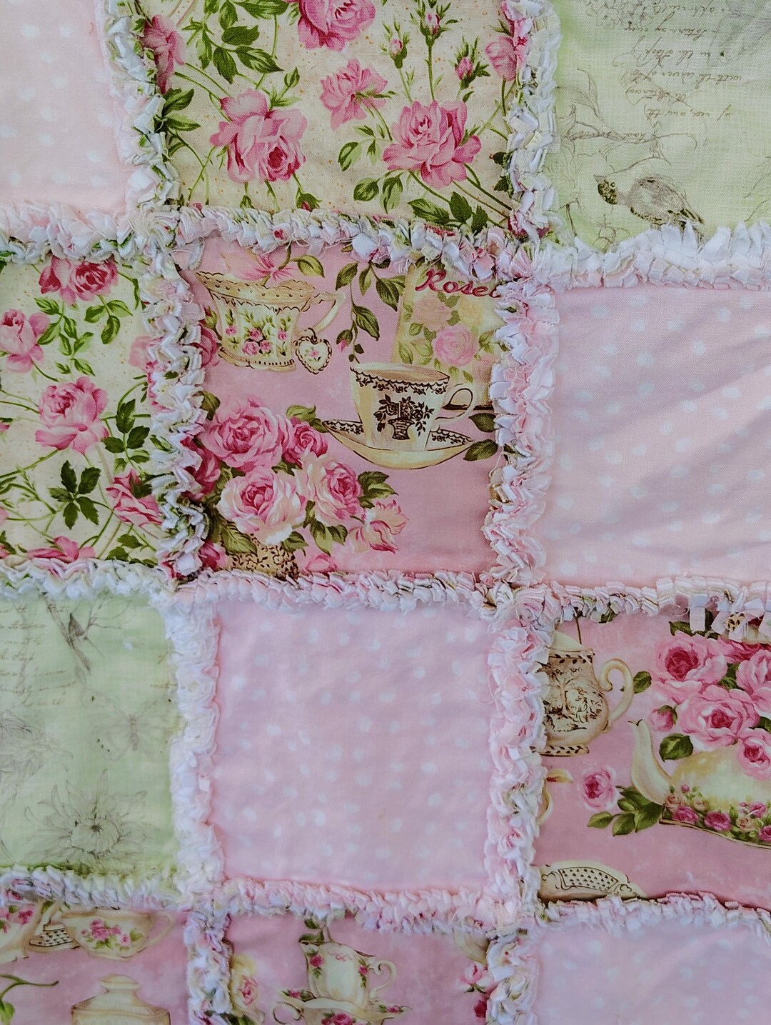Pretty in Pink Teacups and Cottage Roses Rag Quilt - Etsy