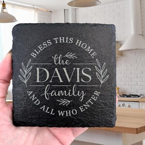 Custom Slate Coasters - Personalized Family Name Coasters - Bless This Home Decor - Housewarming ...