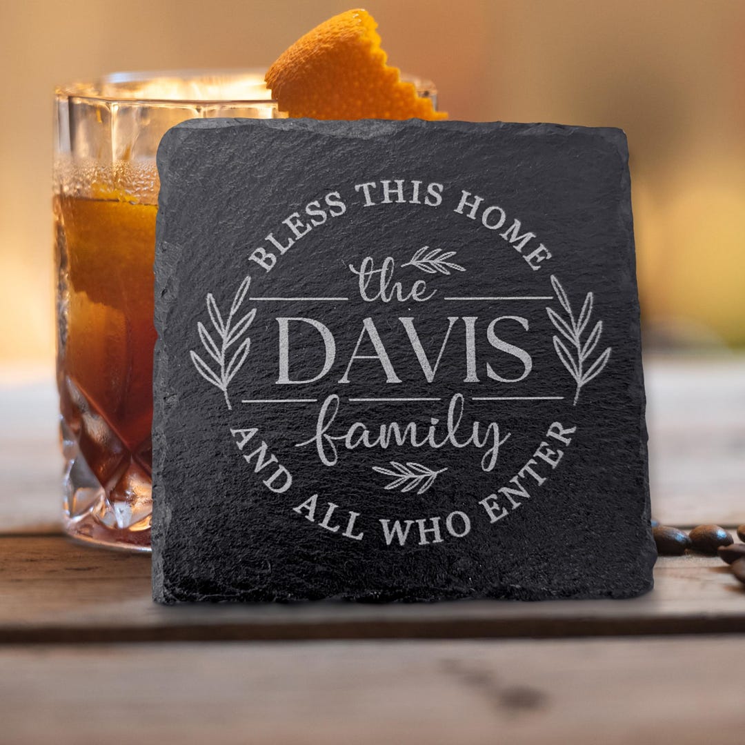 Custom Slate Coasters - Personalized Family Name Coasters - Bless This ...