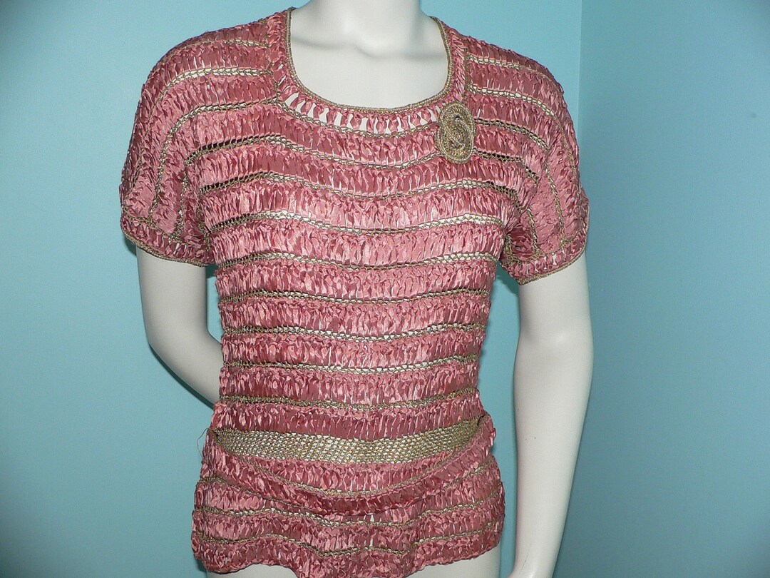 1930's 40's Salmon Pink Ribbon Blouse With Gold Metallic and Pearl Trim ...