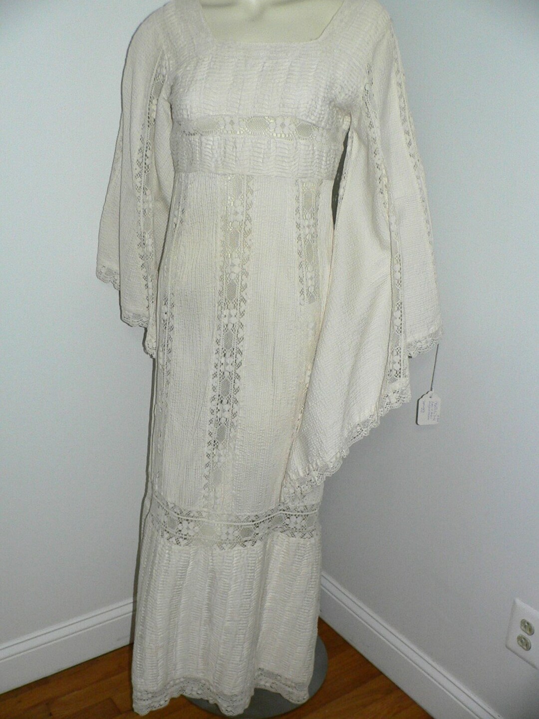 1960's White Maxi Dress With Pintuck and Smocking With Lace Inserts ...