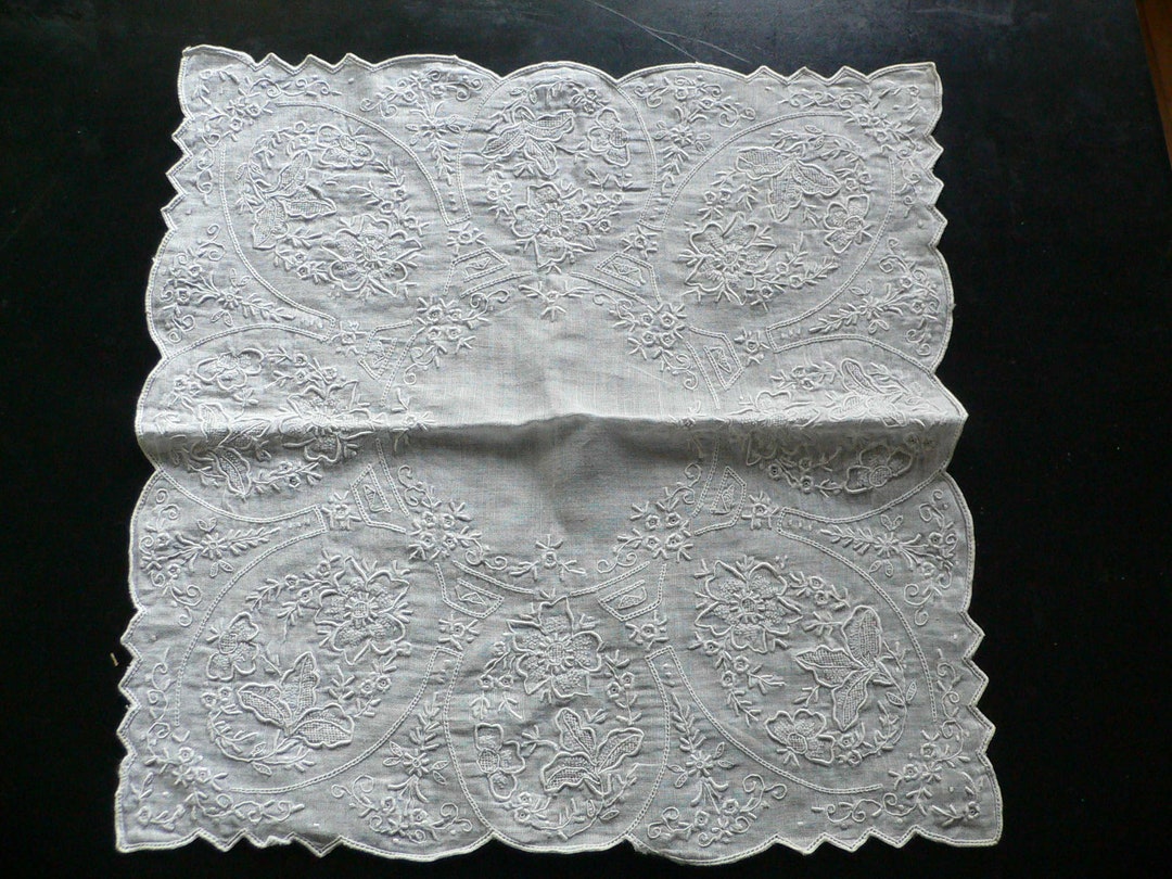Vintage Appenzell Style Embroidered Hankie With Drawn Work , White ...