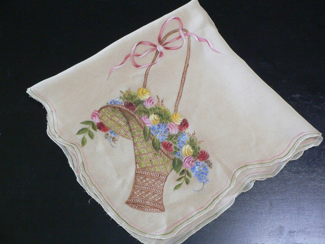 Lovely Vintage Hand Painted Hanky With A Basket of Flowers - Etsy