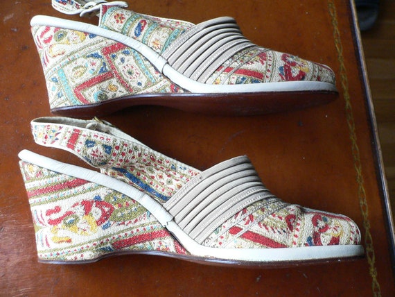 1960's Wedge Sandals, Tapestry and Taupe by Lissak Sh… - Gem