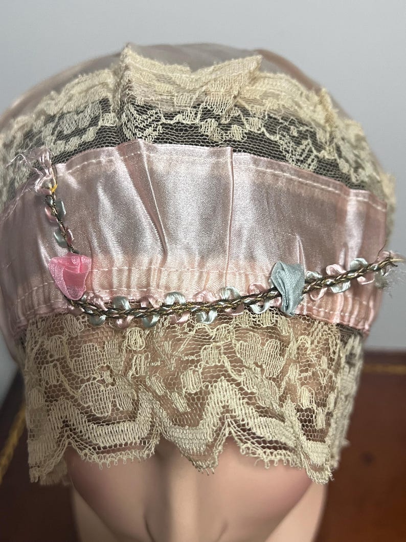 Antique 1920's Pale Pink Silk and Lace Sleep Bonnet With Ribbon Flower ...