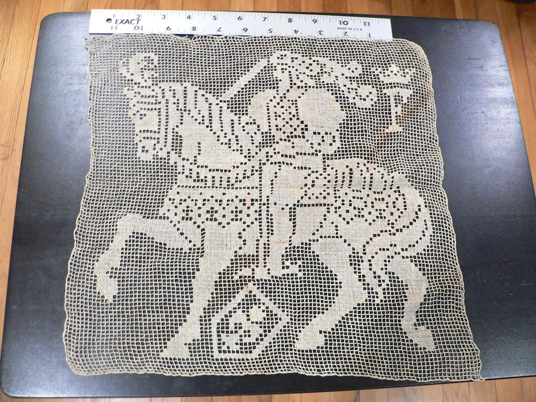 Large Antique Hand Made Filet Lace Insert With Nobleman or Knight ...