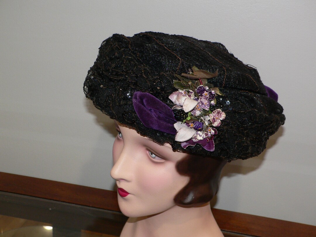 Antique Edwardian Toque Black With Sequins and Purple Velvet Ribbon and ...