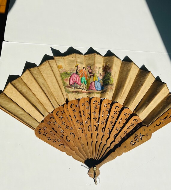 Antique Hand Painted Linen Fan with Carved Wooden Sti… - Gem