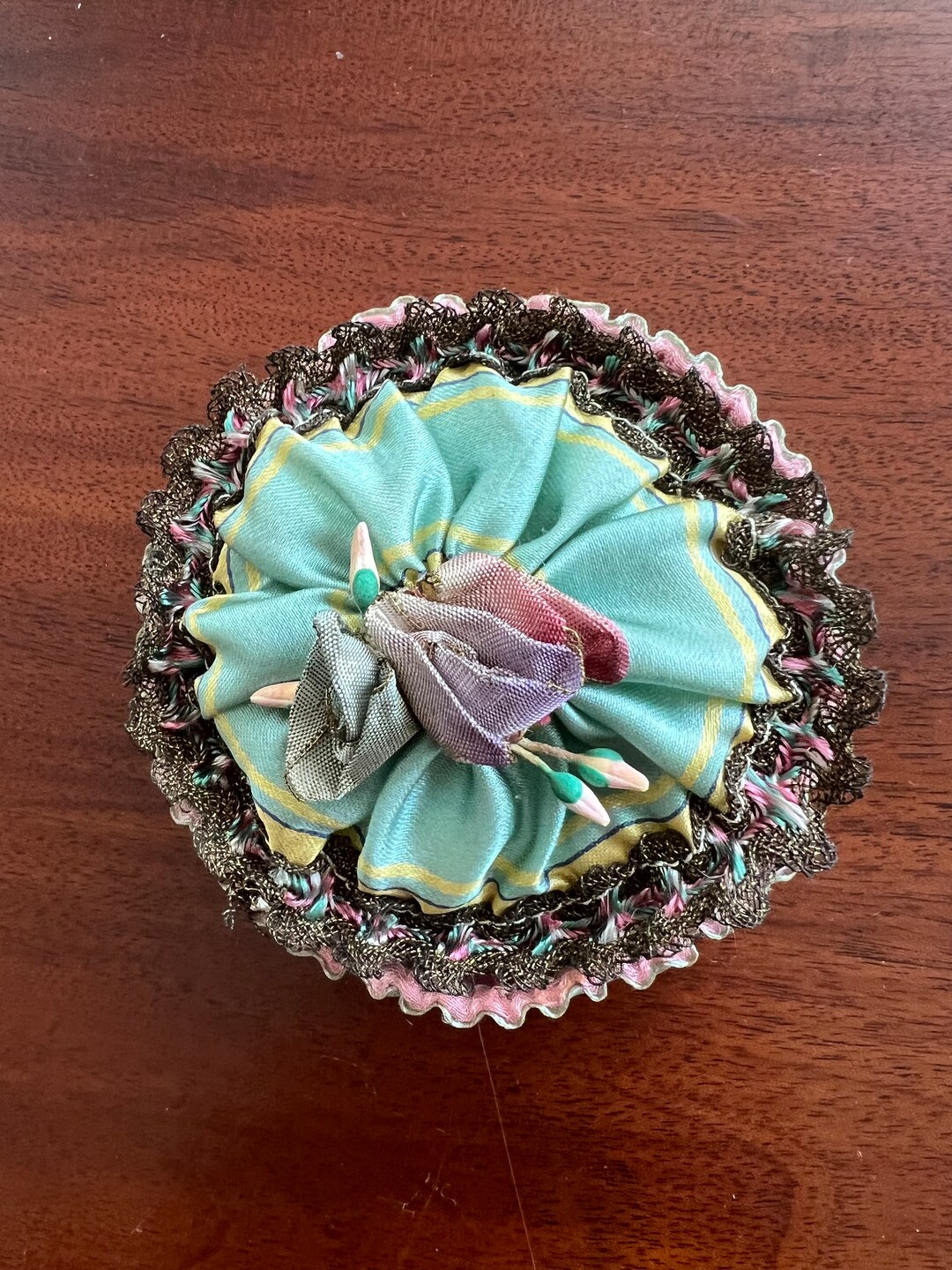 1920’s Powder Puff Box, With Ribbon Work and Metallic Lace, Powder Puff ...