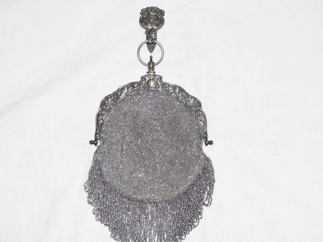 Victorian Sterling Silver Chatelaine Purse W Steel Cut Beads and Velvet ...