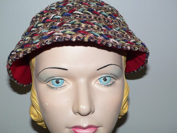 Vintage 1940's Cone Shaped Woven Hat Of Colorful Chen… - Gem