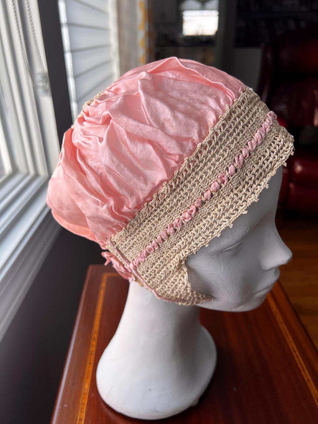 1920’s Pink Silky Rayon and Light Tan Crochet Sleep Bonnet With Ribbons ...