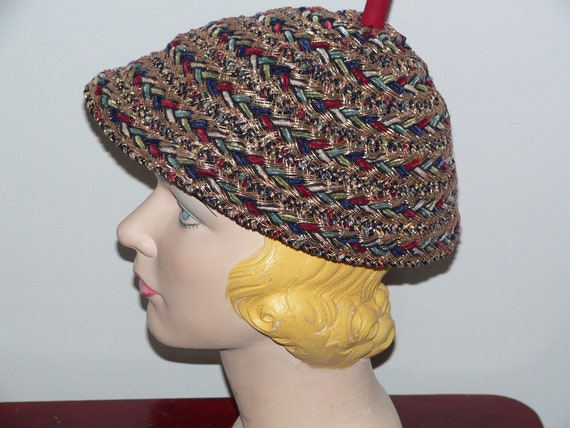 Vintage 1940's Cone Shaped Woven Hat Of Colorful Chen… - Gem