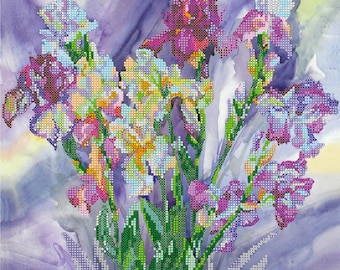 Bead Embroidery Kit Purple Iris Needlework Kit Beadwork Hand Embroidery Kit Floral Beading ...